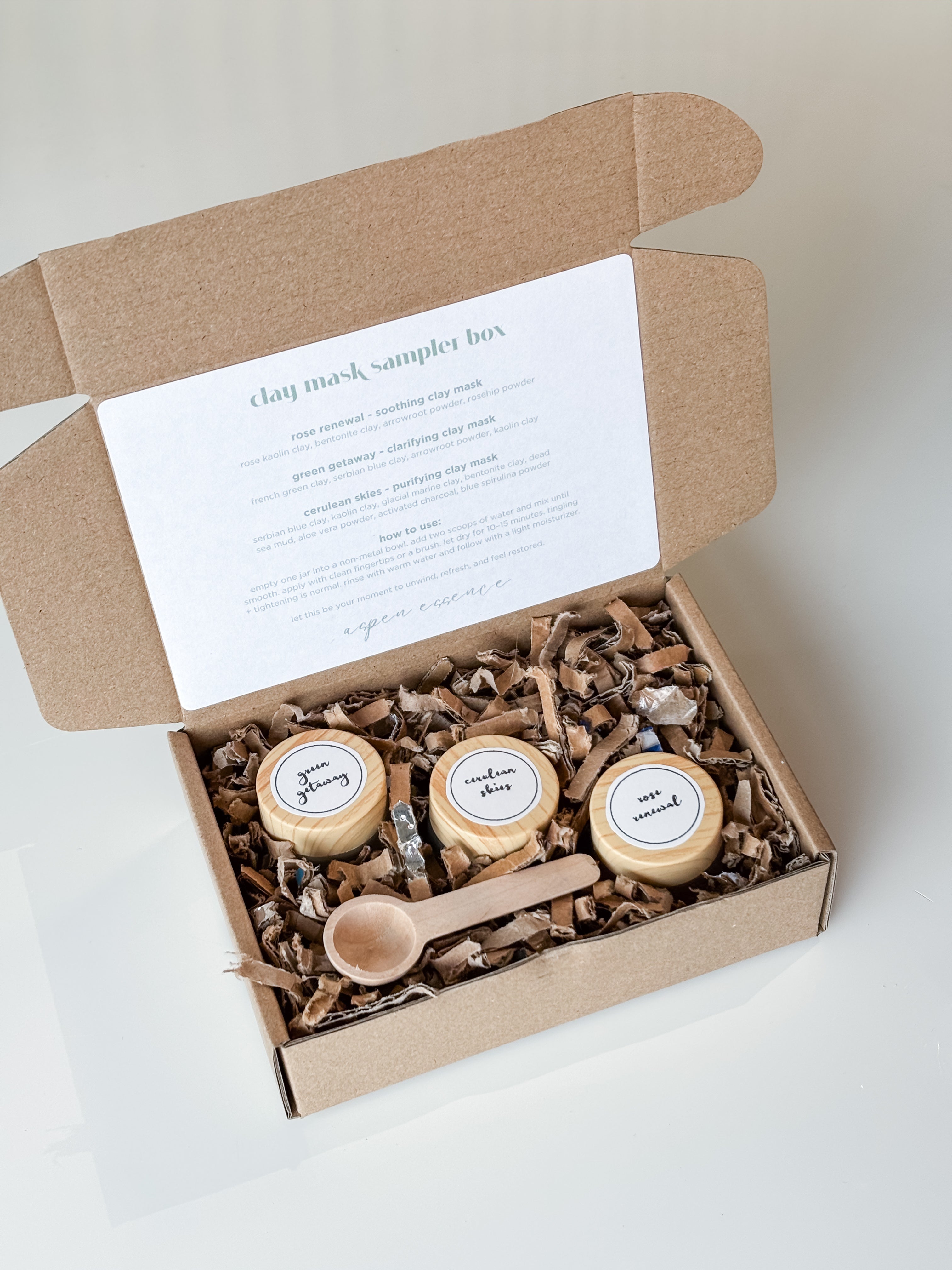 clay mask sampler | rose renewal, green getaway + cerulean skies facia ...